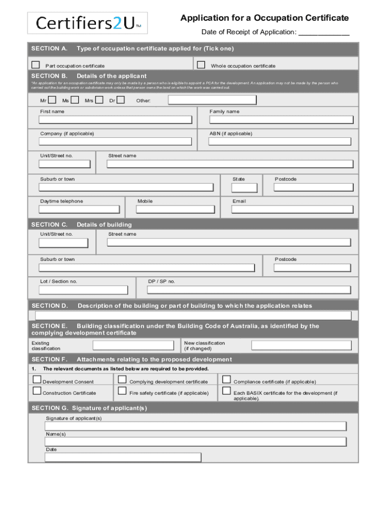 Fillable Online Application for an occupation certificate for DA/CC Fax ...