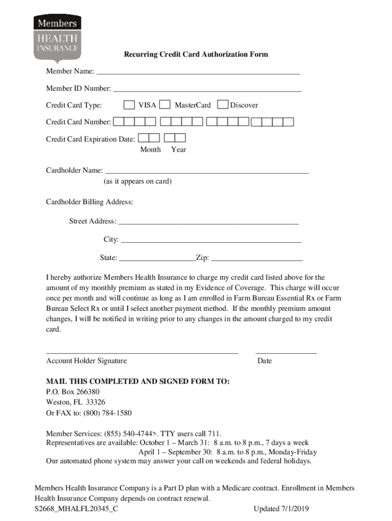Fillable Online Recurring Credit Card Authorization Form - mhinsurance ...