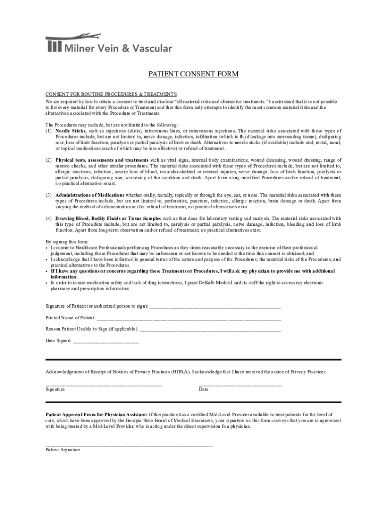 Fillable Online Milner Vein & Vascular Patient Consent Form Fax Email ...
