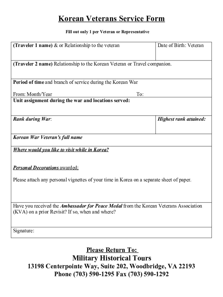Fillable Online Korean Veterans Service Form - Military Historical ...