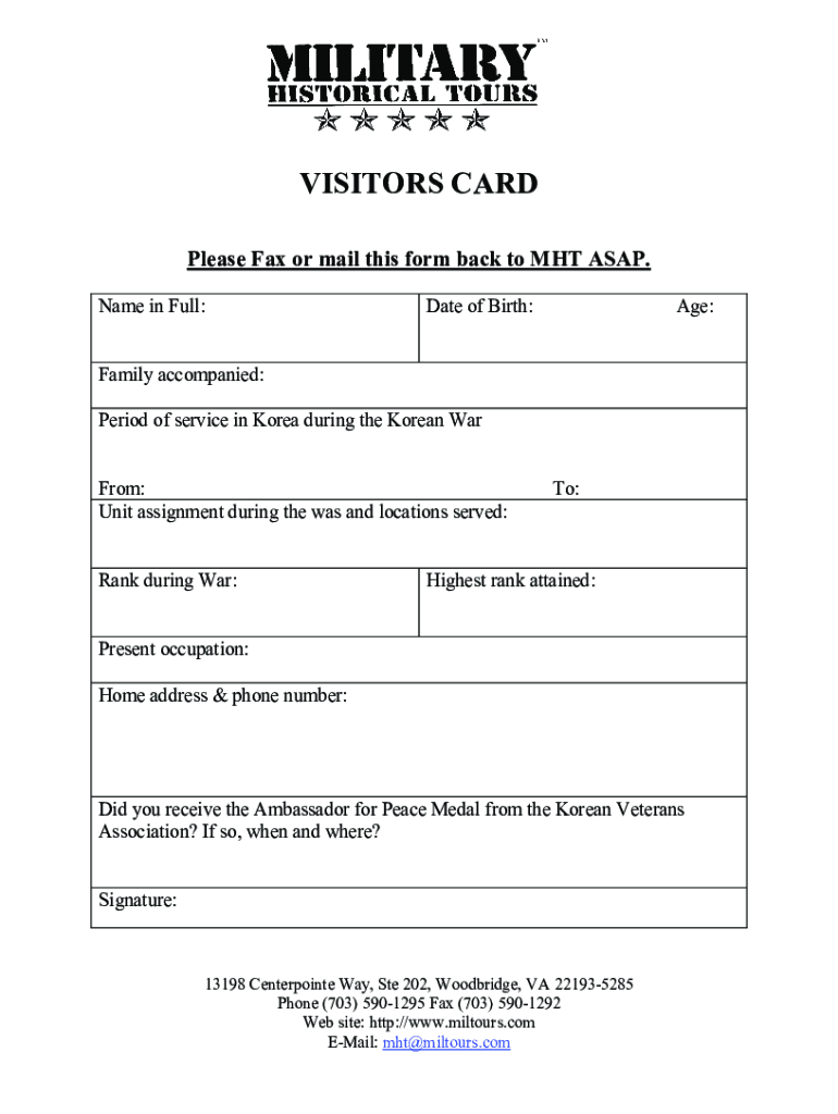 Fillable Online Visitors Card - Military Historical Tours Fax Email ...