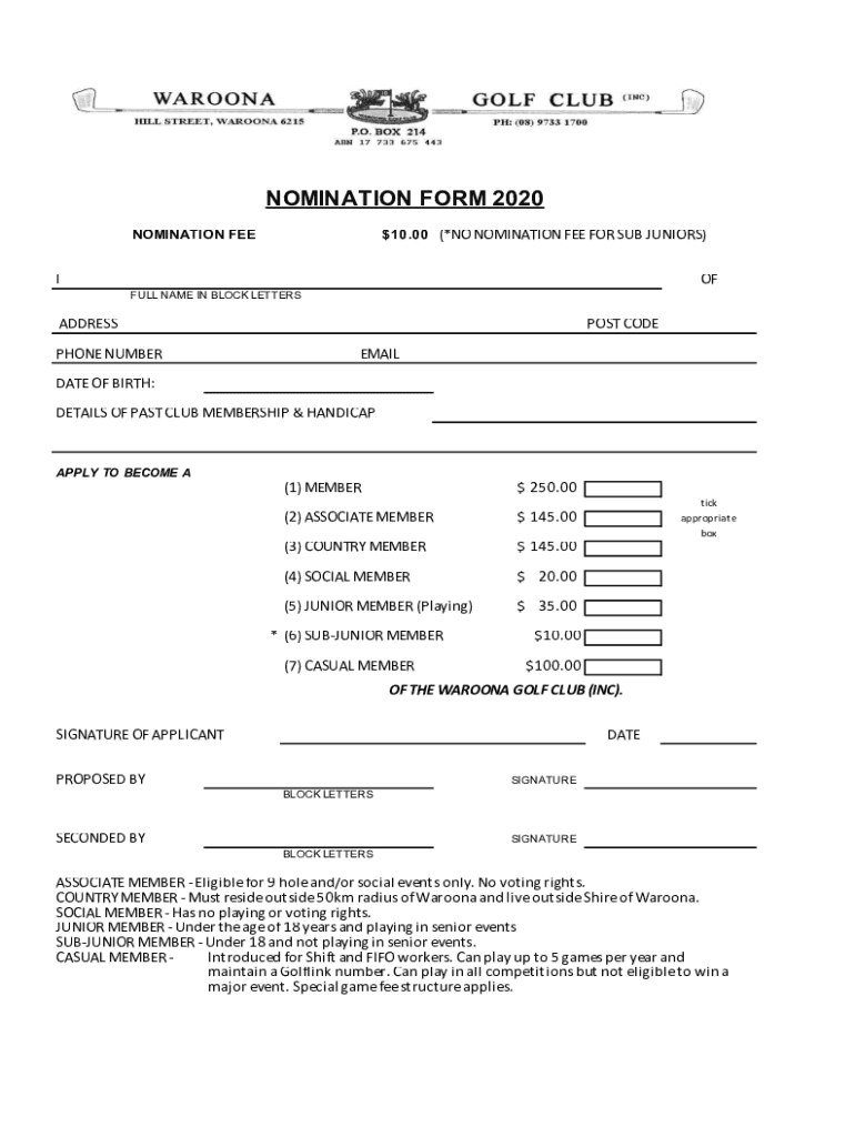 Fillable Online 2020 NOMINATION FORM - WAROONA GOLF CLUB Fax Email ...