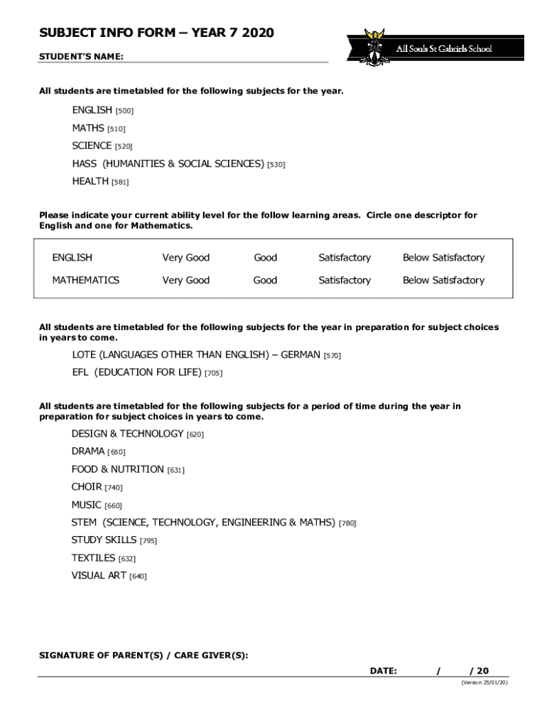 Fillable Online 2020 ASSG Yr07 Subject Information Form.docx Fax Email ...
