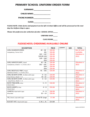 Fillable Online dalecs wa edu PRIMARY SCHOOL UNIFORM ORDER FORM Fax ...