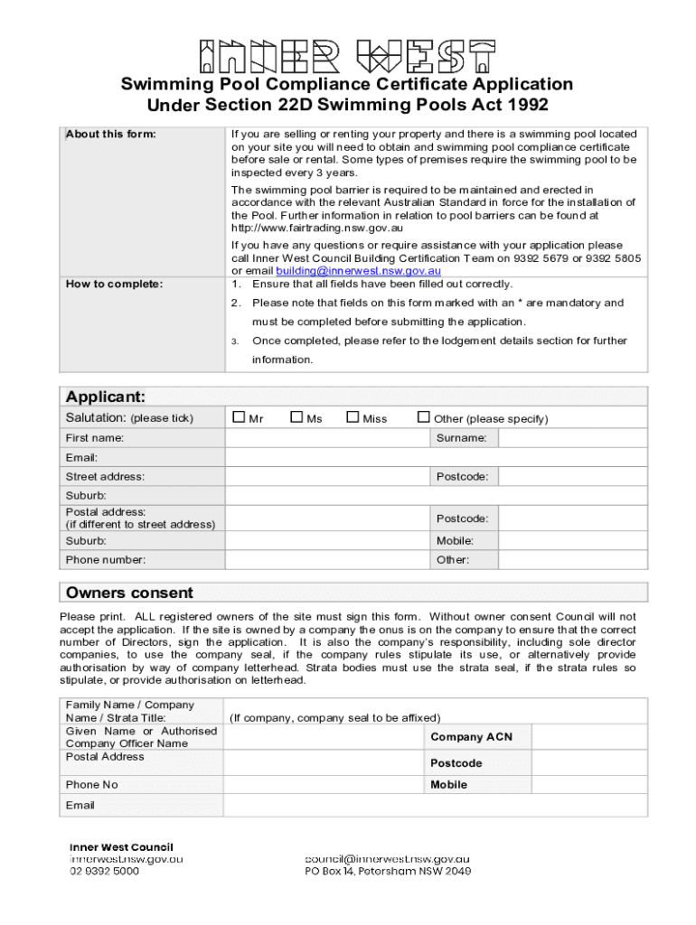 Fillable Online Swimming Pool Compliance Certificate Application Under ... Fax Email Print ...
