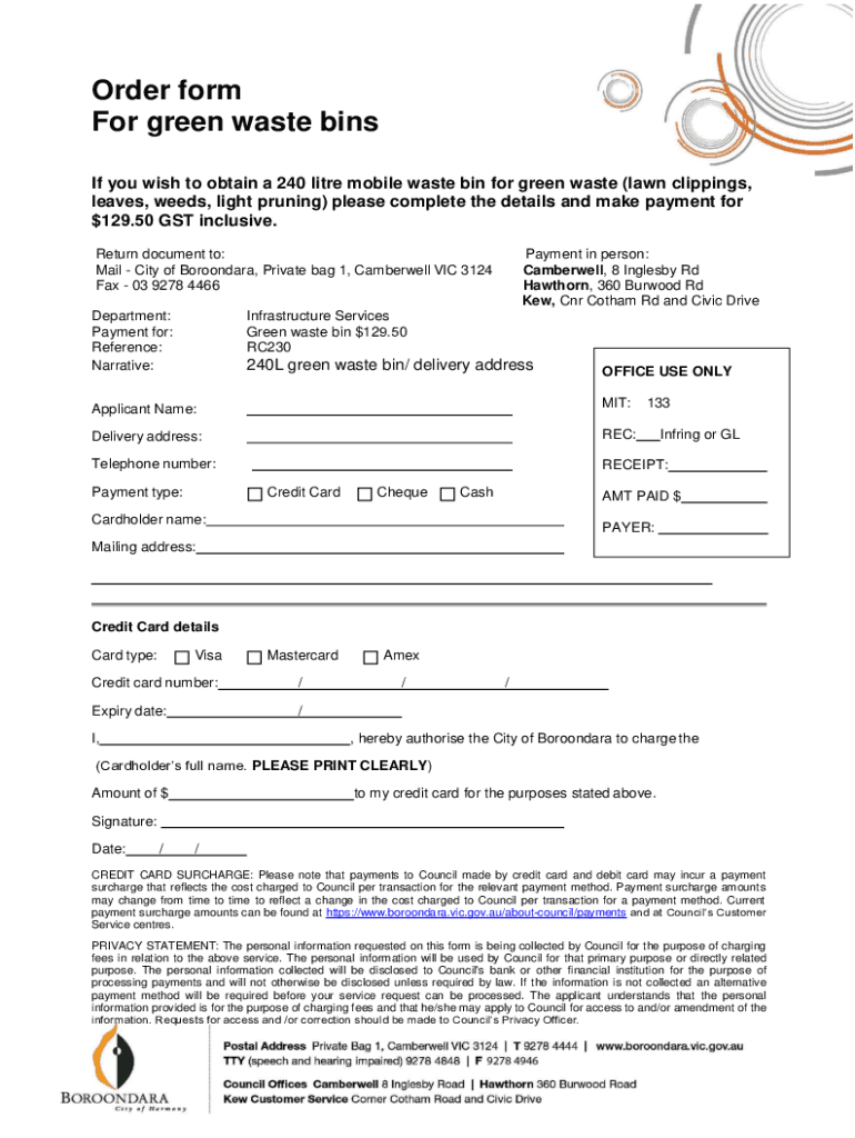 Fillable Online Order form For green waste bins - City of Boroondara ...