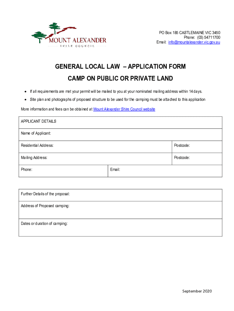 Fillable Online GENERAL LOCAL LAW APPLICATION FORM CAMP ON PUBLIC OR ...