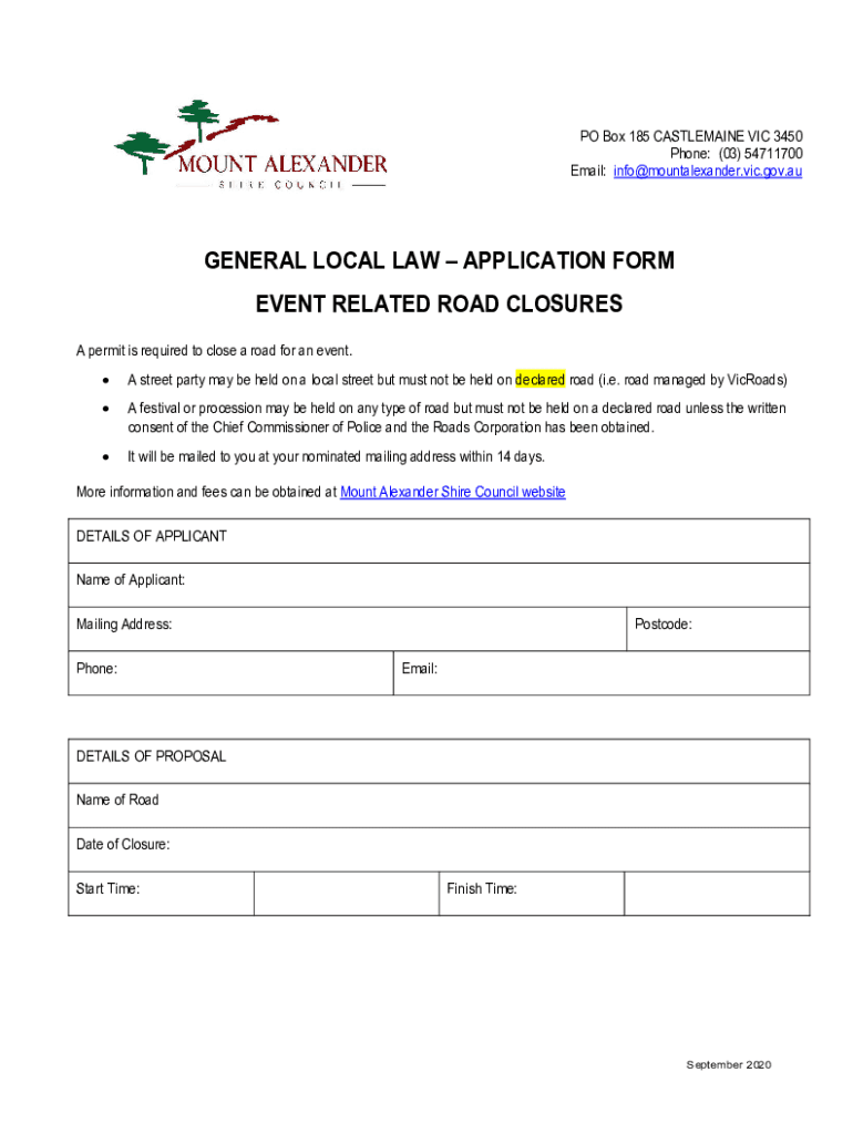 Fillable Online GENERAL LOCAL LAW APPLICATION FORM EVENT RELATED ROAD ...
