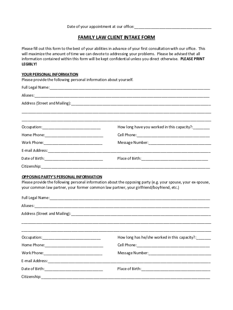 Fillable Online FAMILY LAW CLIENT INTAKE FORM - cfselaw.ca Fax Email ...