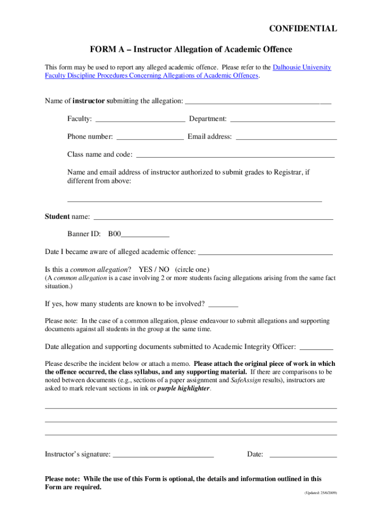Fillable Online CONFIDENTIAL FORM AInstructor Allegation of Academic ...