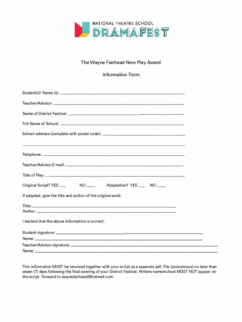 Fillable Online The Wayne Fairhead New Play Award Information Form Fax ...