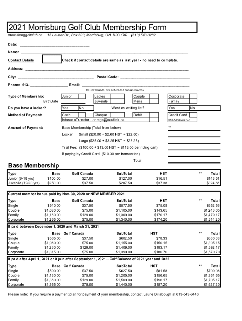 Fillable Online Membership Form - morrisburggolfclub.ca Fax Email Print ...