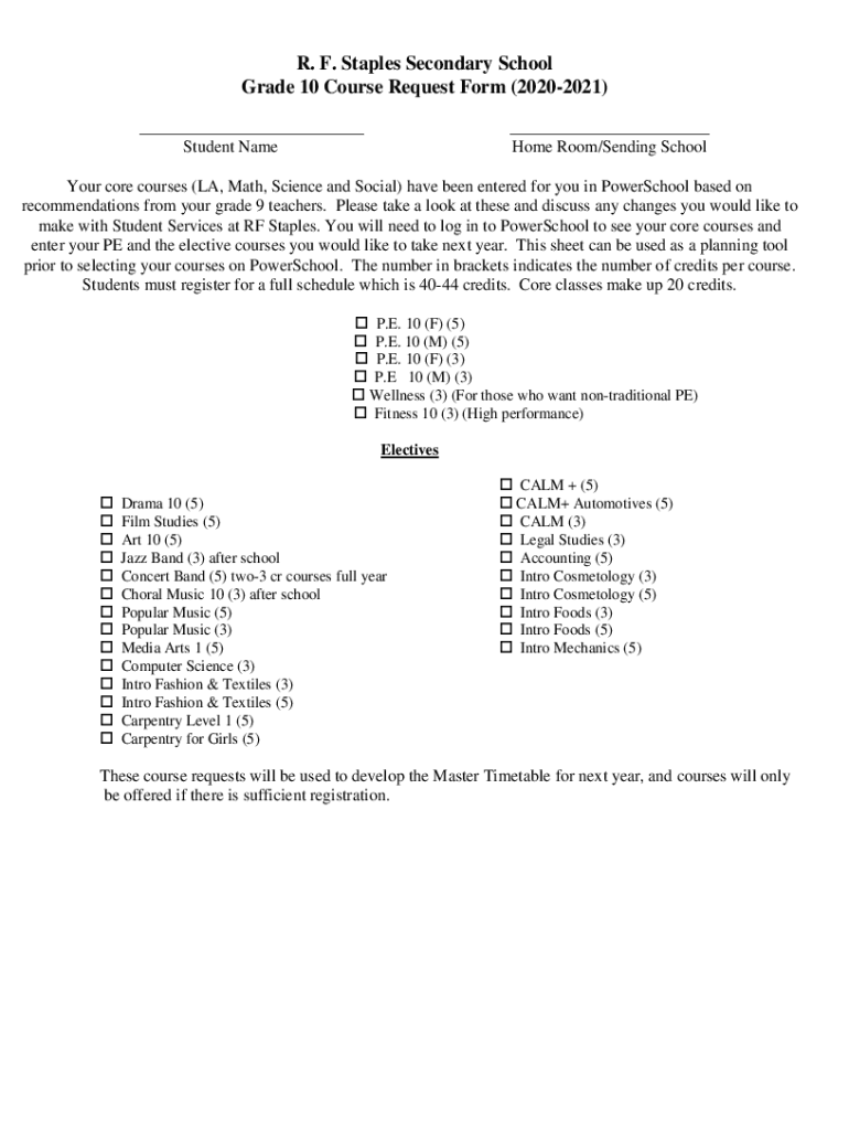 Fillable Online R. F. Staples Secondary School Grade 10 Course Request ...