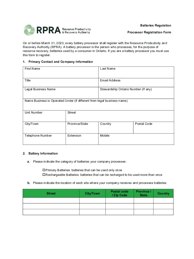 Fillable Online Batteries Regulation Processor Registration Form - RPRA ...