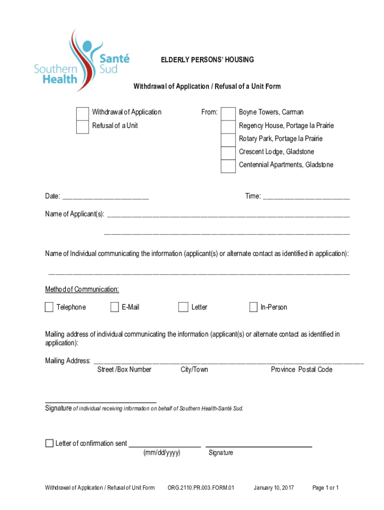 Fillable Online ELDERLY PERSONS' HOUSING Withdrawal of Application ...