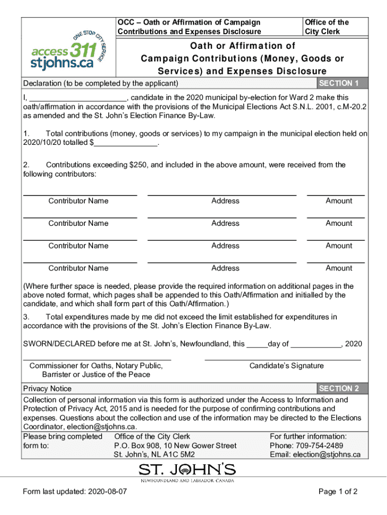 Fillable Online Oath or Affirmation - Campaign Contributions and Expenses Disclosure. Oath or ...