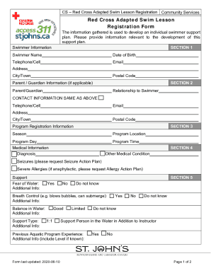 Fillable Online Red Cross Adapted Swim Lesson Registration Form. Red ...