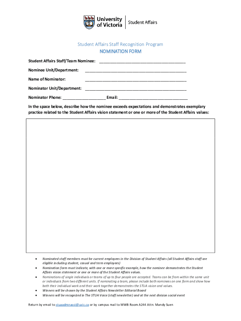 Fillable Online Student Affairs Staff Recognition Program NOMINATION ...
