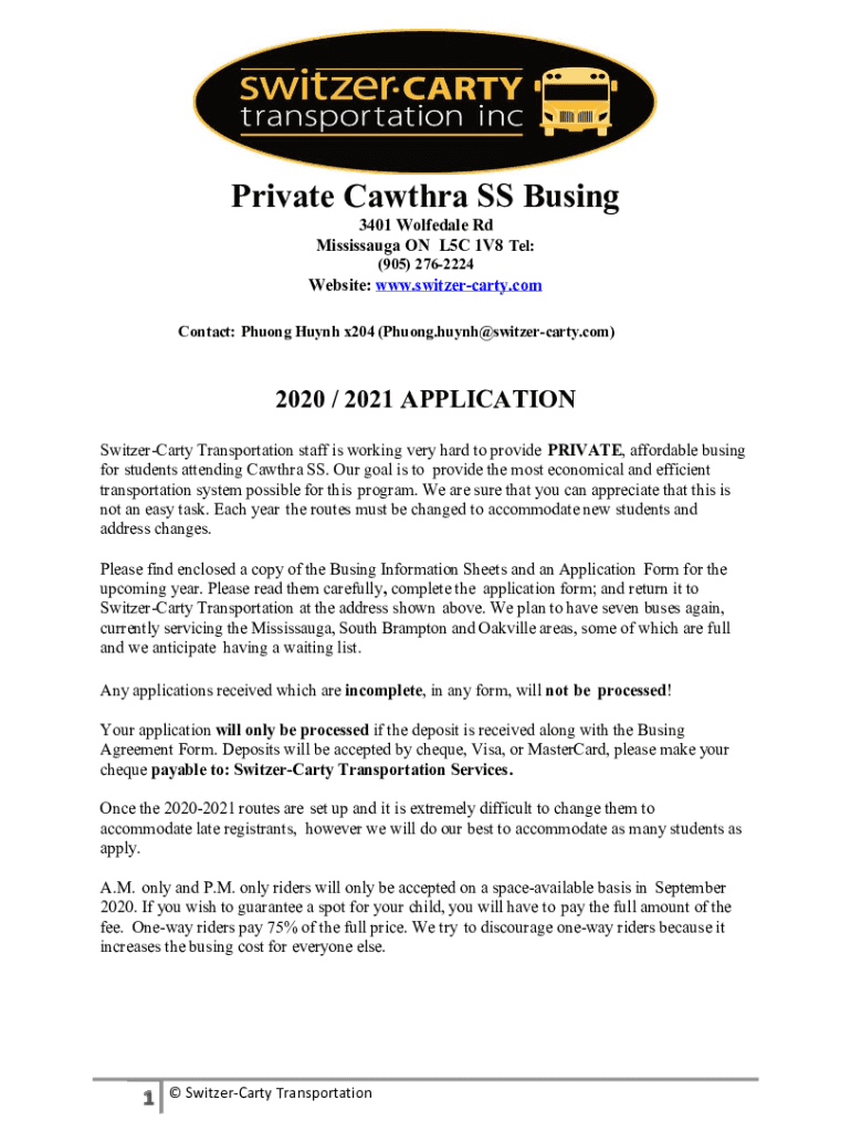 Fillable Online Fillable Online Private Cawthra SS Busing - switzer ...