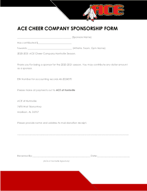 Fillable Online ACE of HuntsvilleACE Cheer CompanyCheerleading Sponsor ...