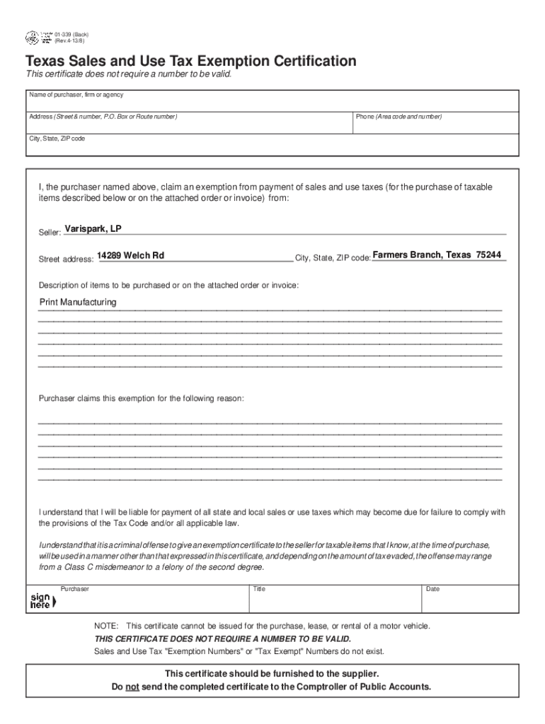 Fillable Online 01-339 Sales and Use Tax Resale Certificate / Exemption ...