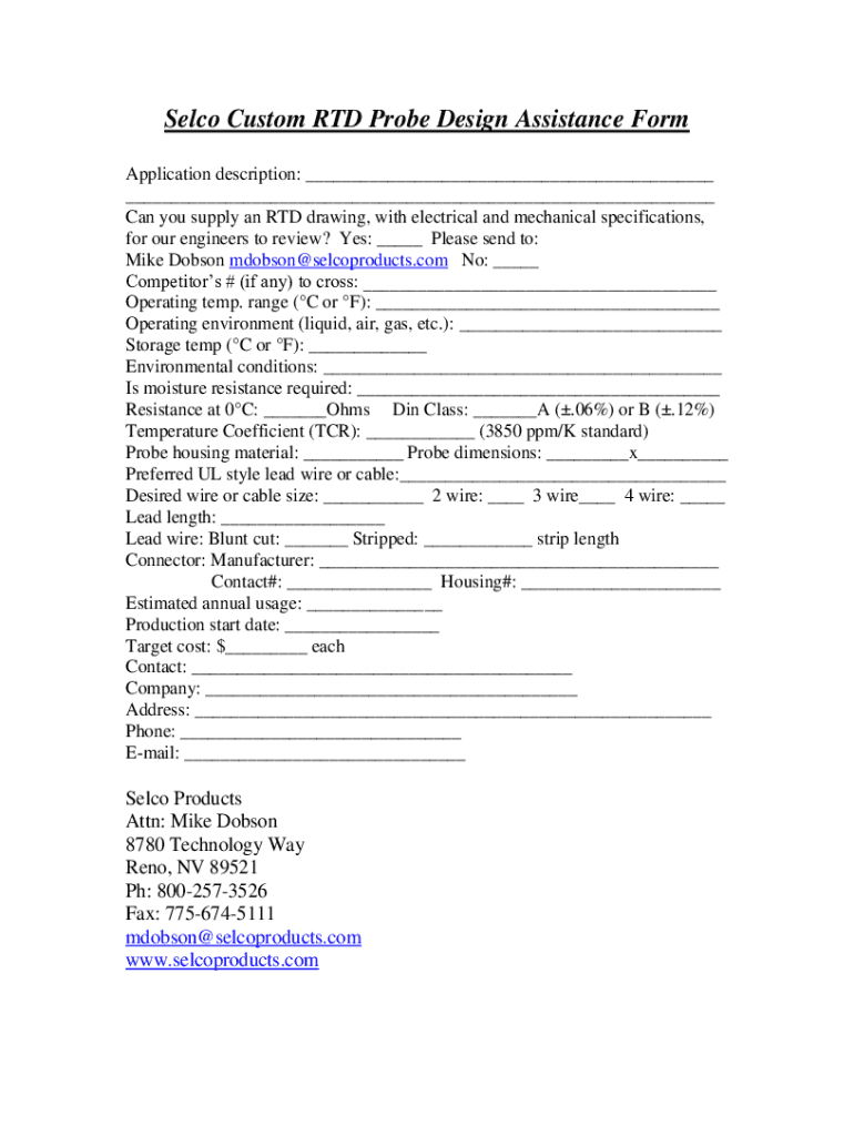 Fillable Online Selco Custom NTC Thermistor Design Assistance Form Fax Email Print - pdfFiller
