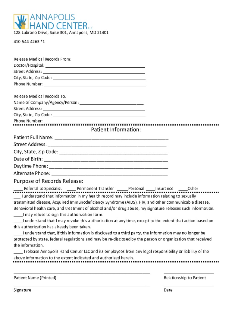 Fillable Online MEDICAL INFORMATION RELEASE FORM Patient Information ...