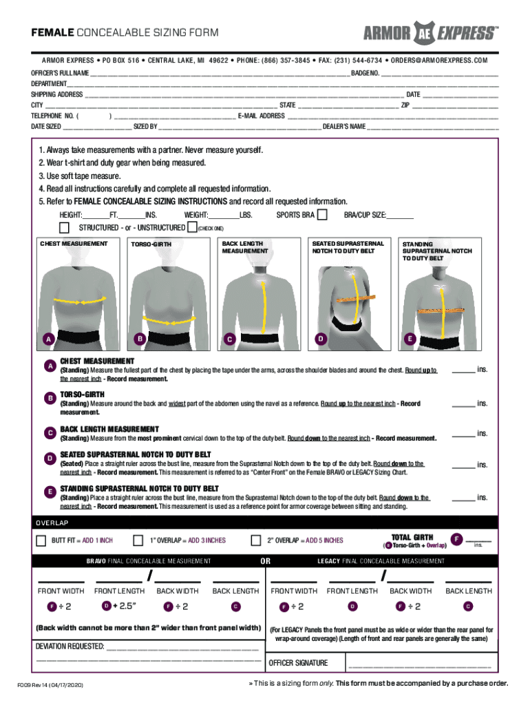 Fillable Online Female Sizing Form - Armor Express Fax Email Print ...