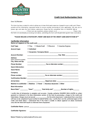 Fillable Online Country Inn and Suites Credit Card Authorization Form ...