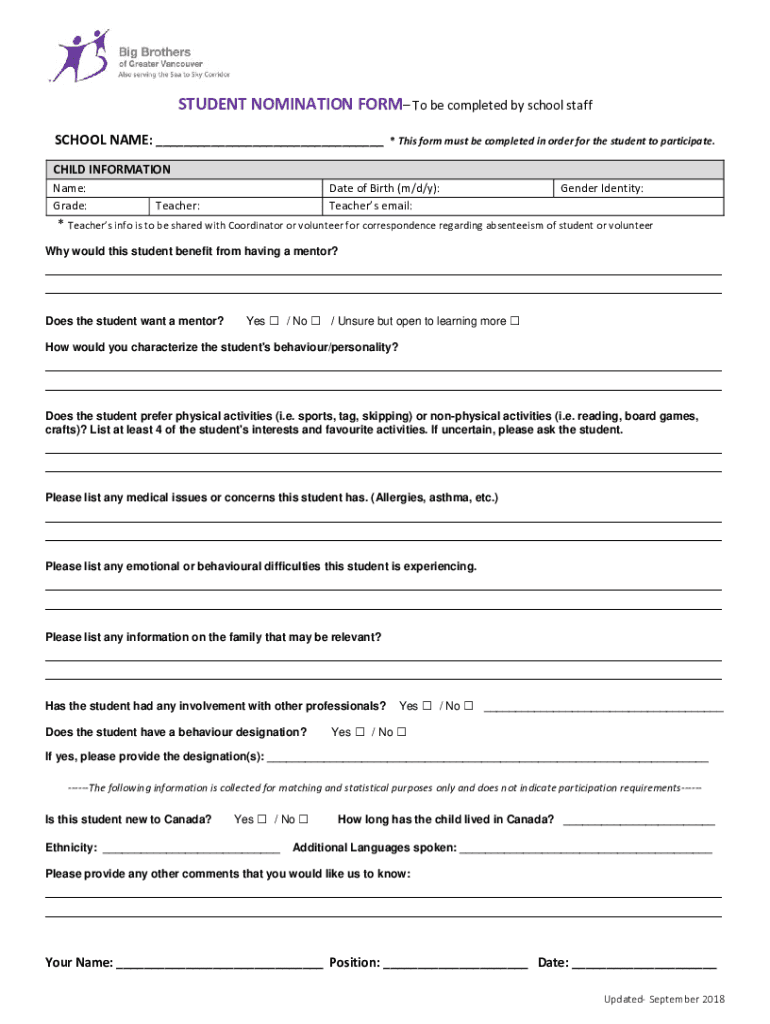 Fillable Online STUDENT NOMINATION FORMTo be completed by school staff ...