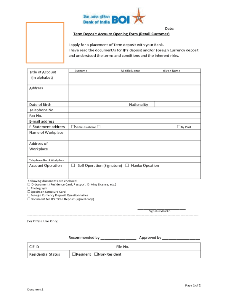 Fillable Online Date: Term Deposit Account Opening Form (Corporate ...