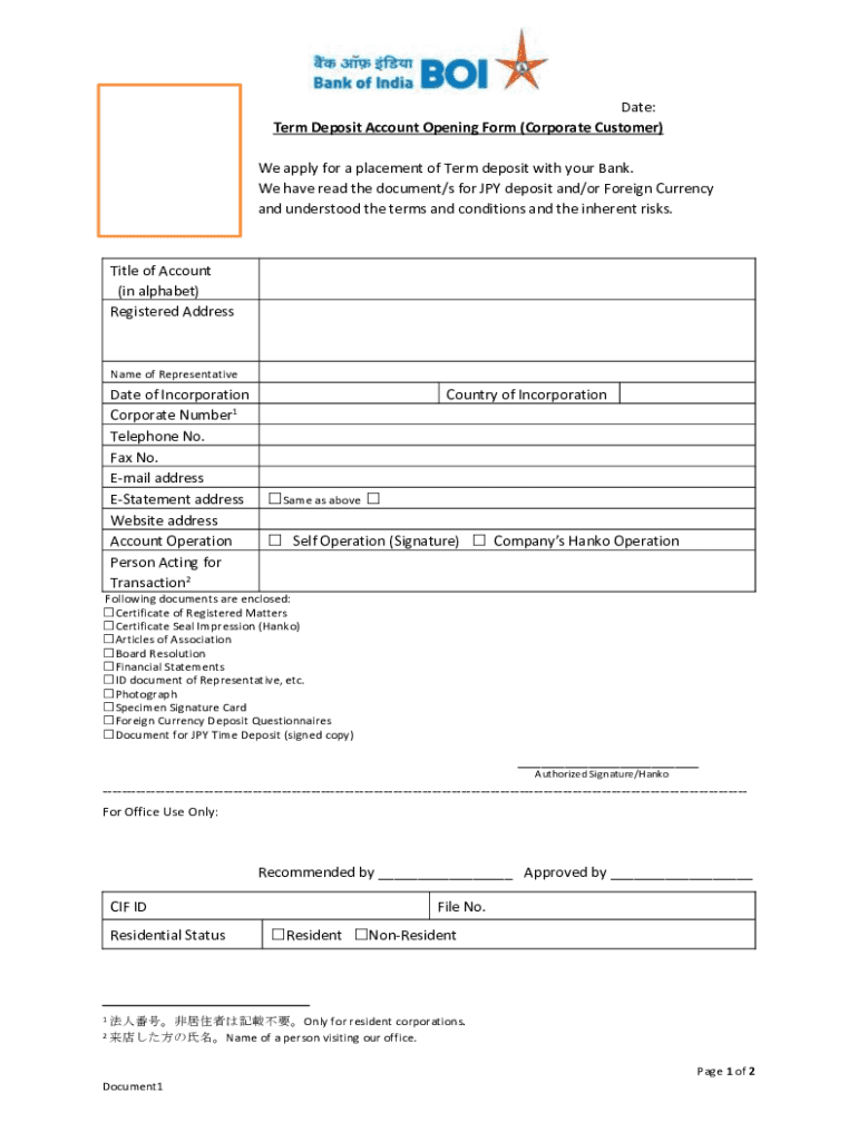Fillable Online Term Deposit Account Opening Form (Corporate Customer) Fax Email Print - pdfFiller