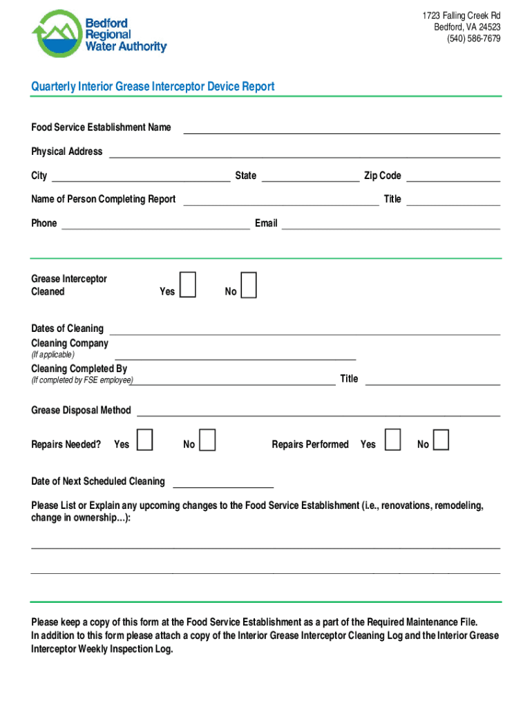 Fillable Online Quarterly Interior Grease Interceptor Device Report Fax ...