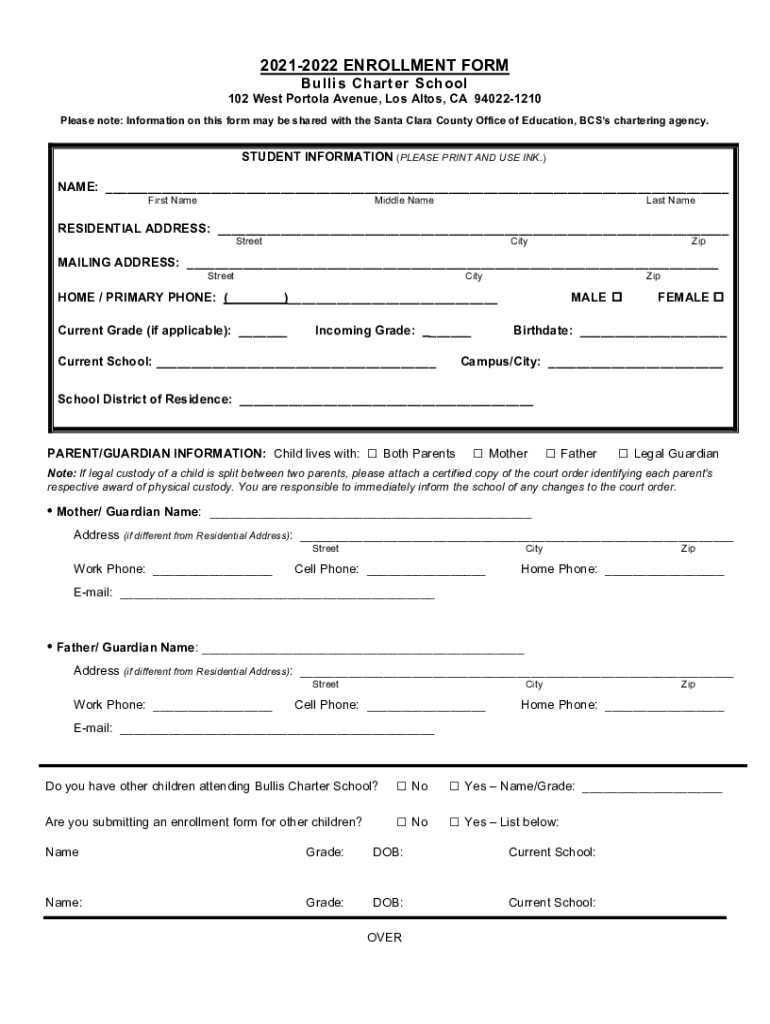 Fillable Online 2021-22FINAL Enrollment Form - Bullis Charter School ...