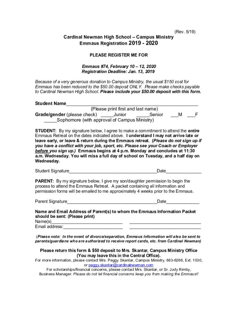 Fillable Online 2019-2020 EMMAUS REGISTRATION FORM 1.doc Fax Email Print - pdfFiller