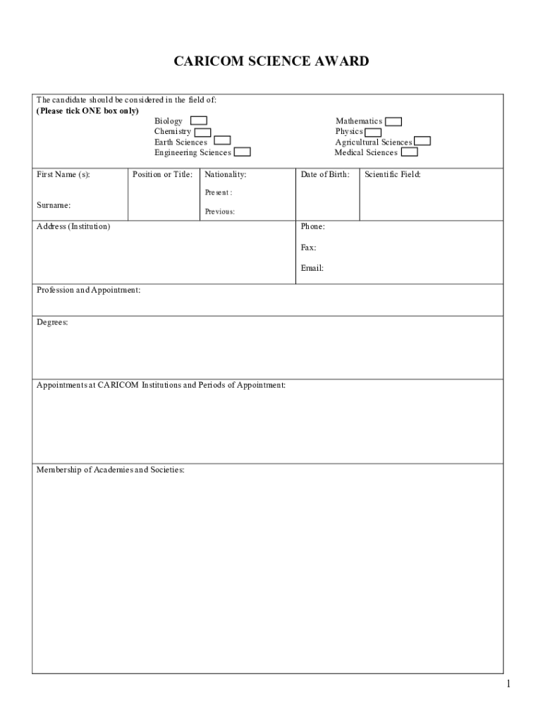 Fillable Online CARICOM Science Award Form.doc Fax Email Print - pdfFiller