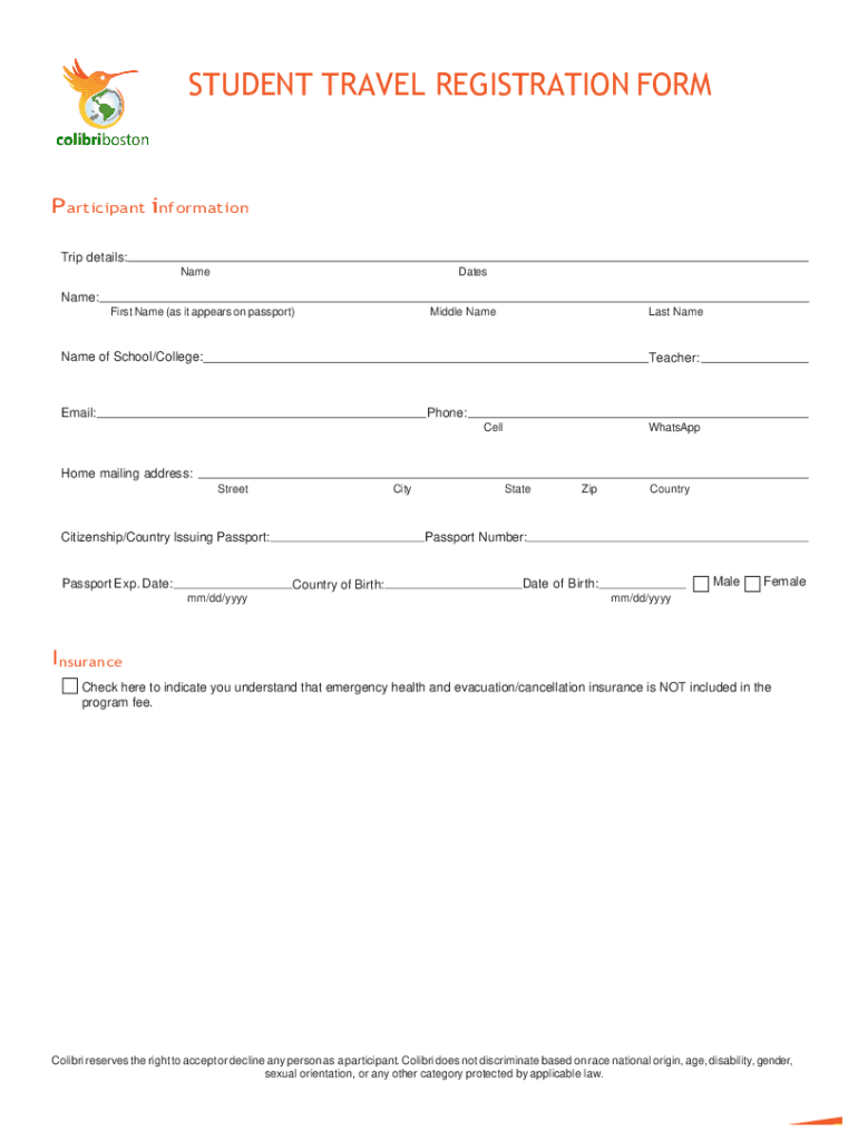 Fillable Online Colibri Travel Registration .docx Fax Email Print ...