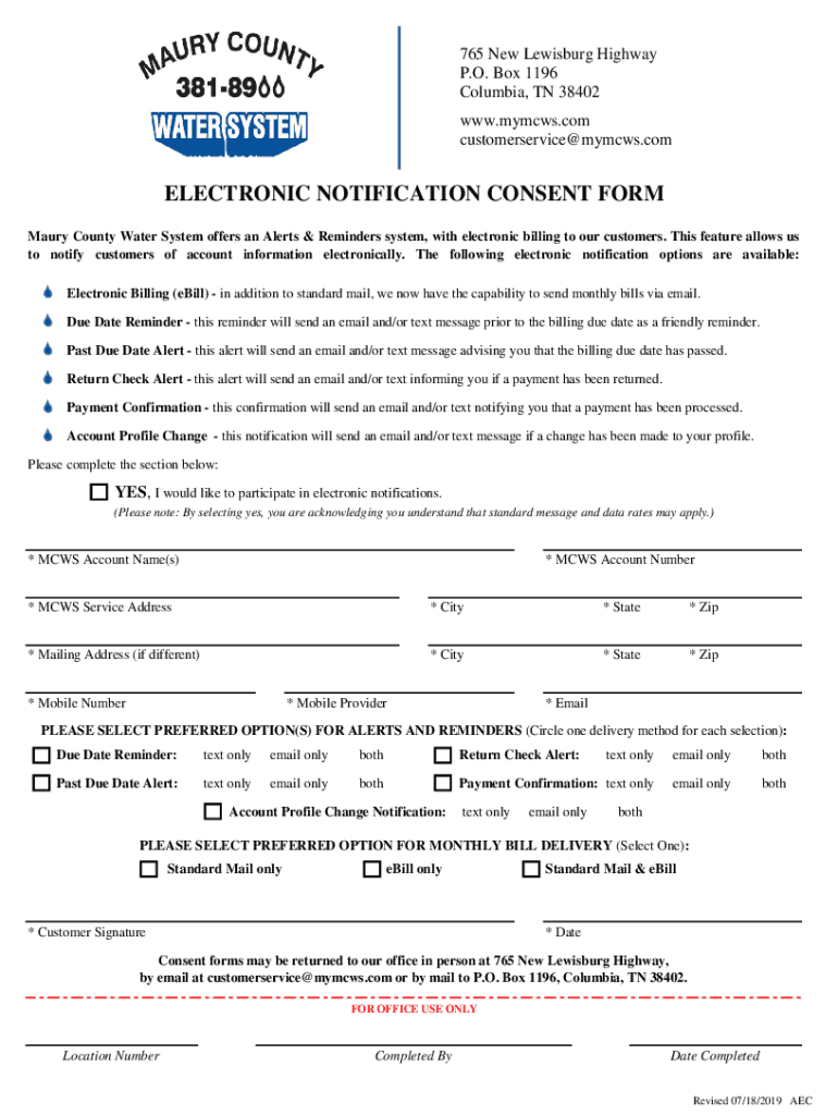 Fillable Online ELECTRONIC CONSENT FORM - Maury County Water System Fax ...