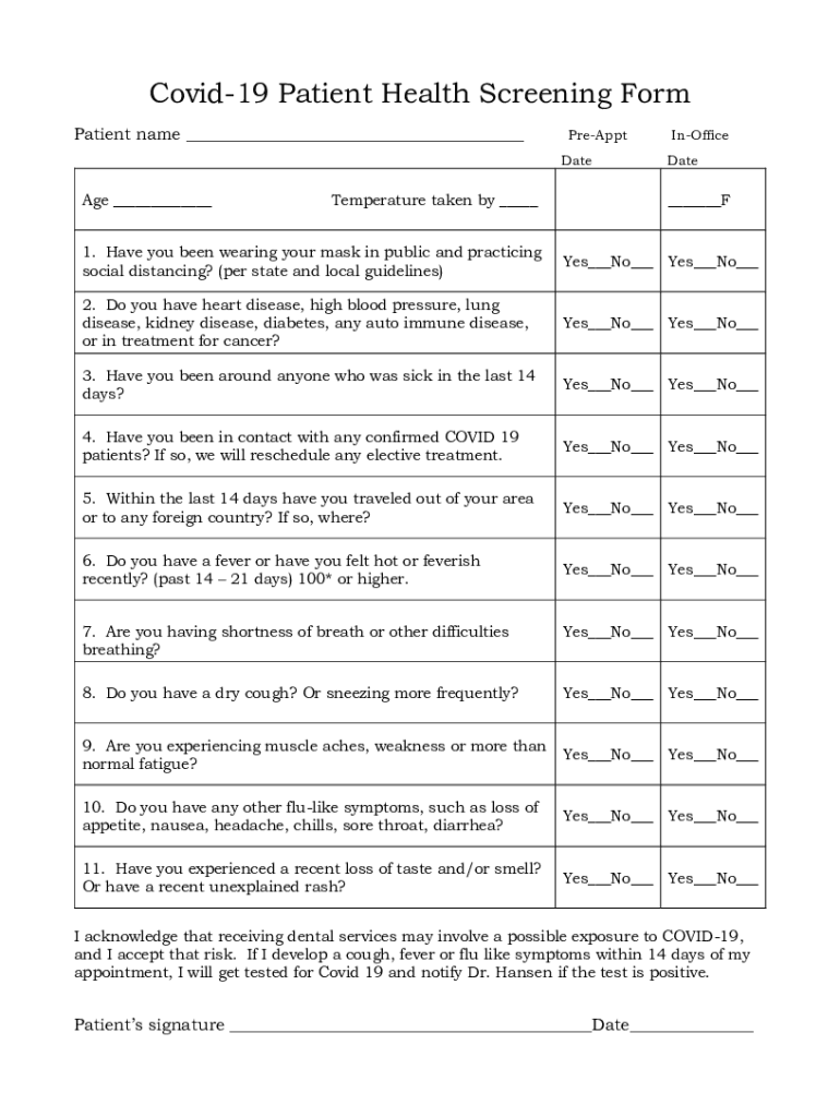 Fillable Online Dental Office COVID-19 Prescreening Form ...