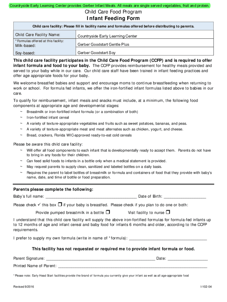 Fillable Online Infant Feeding Form (I-122-0)m - An Early Learning ...