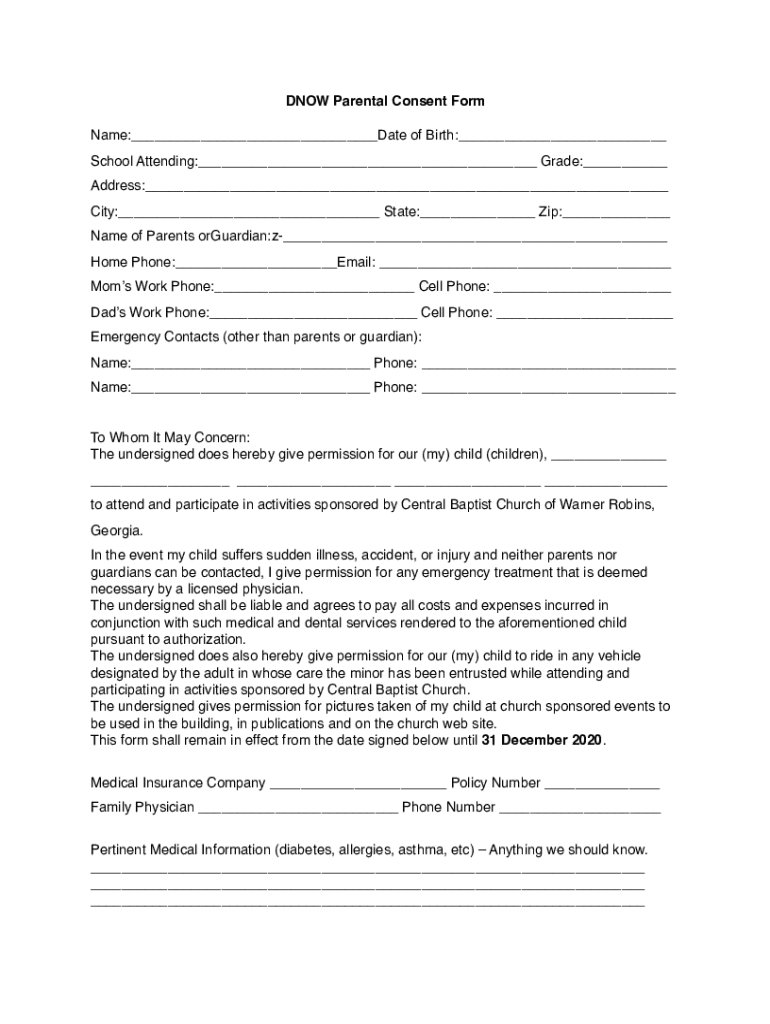 Fillable Online DNOW Parent Consent Form Fax Email Print - pdfFiller