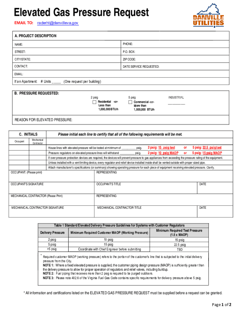 Fillable Online Elevated Gas Pressure Request - Danville Utilities Fax ...