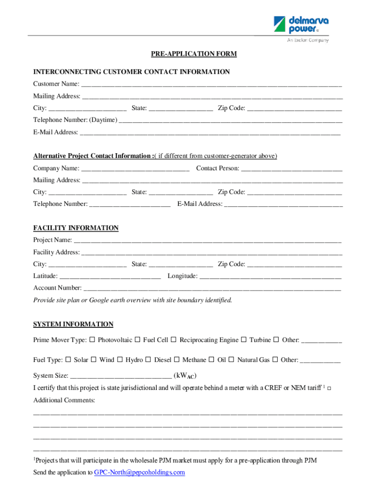 Fillable Online Generating Facility Pre-Application Request Form Preamble ... Fax Email Print ...