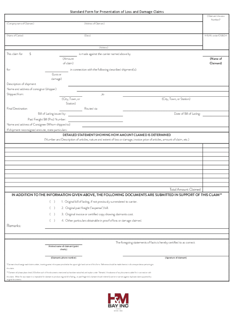 Fillable Online Standard Form for Presentation of Loss and Damage Claims-2020101620.docx Fax ...