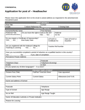Application for post of Headteacher Doc Template | pdfFiller