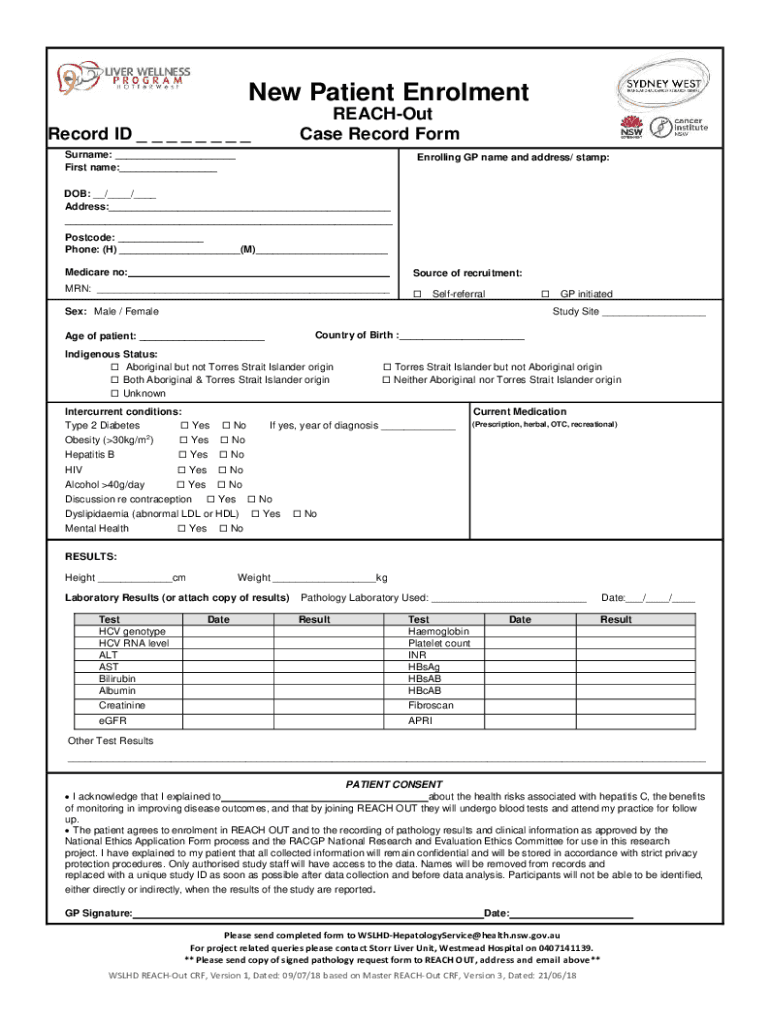 Fillable Online WSLHD Case Record Form %28Version1%2c 9 July 2018 ...