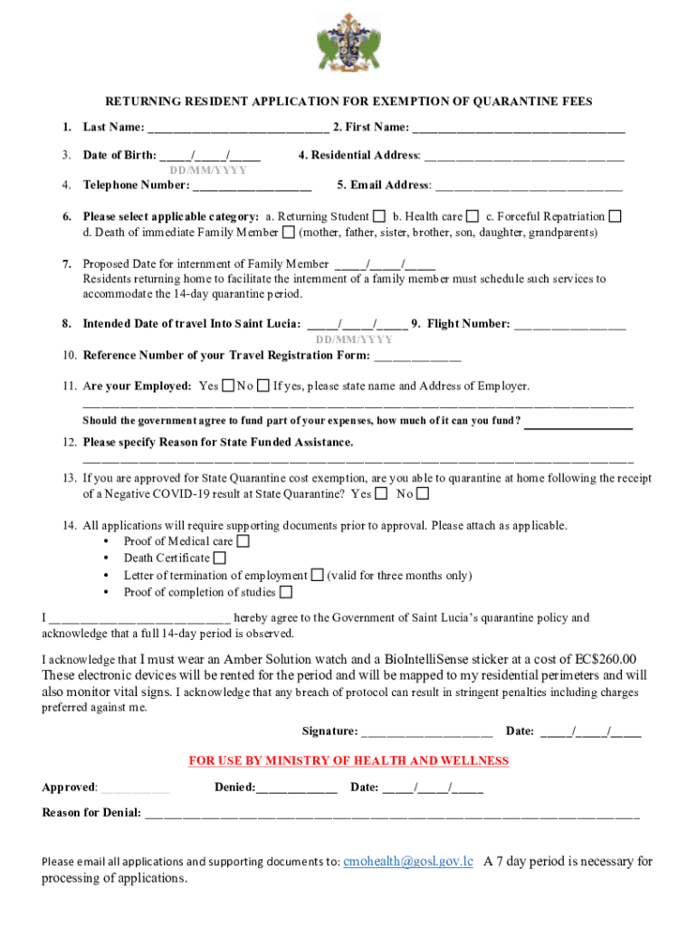 Fillable Online RETURNING RESIDENT APPLICATION FOR EXEMPTION OF ...