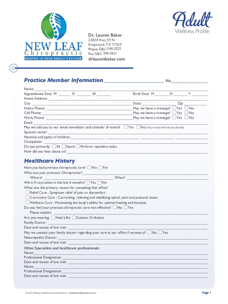 Fillable Online New Patient Health History Form - New Leaf Chiro Fax ...