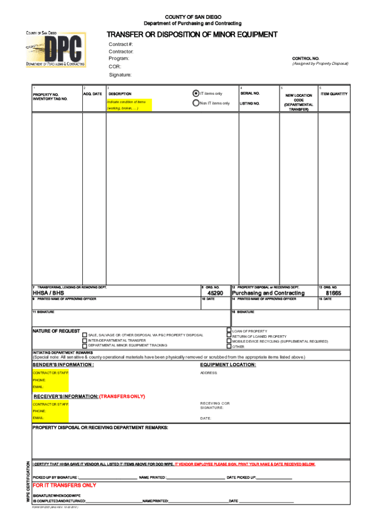 Fillable Online DPC 203 Transfer or Disposition of Minor Equipment Form ...