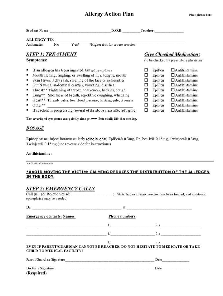 Fillable Online Food Allergy Action Plan Place Students Name: D.O.B ...